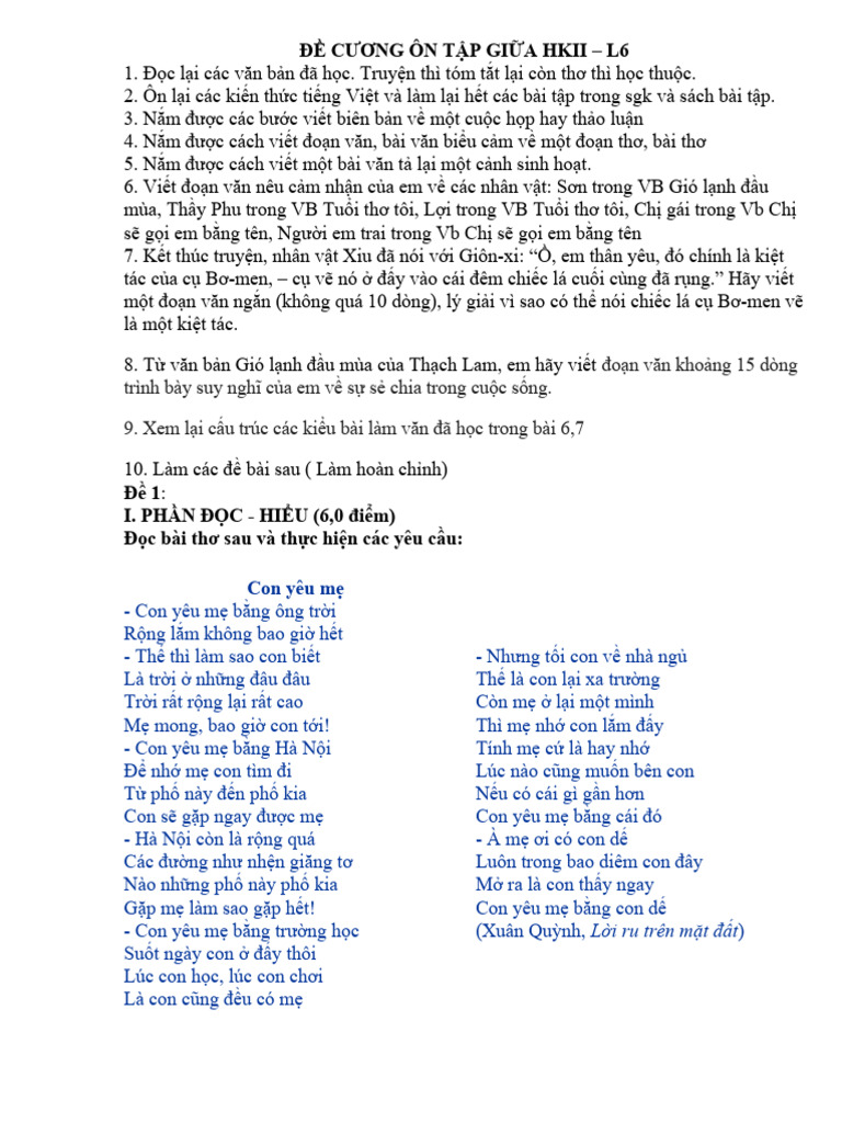 ĐỀ CƯƠNG ÔN TẬP GIỮA HKII. L6 Năm Học 23 - 24 | PDF