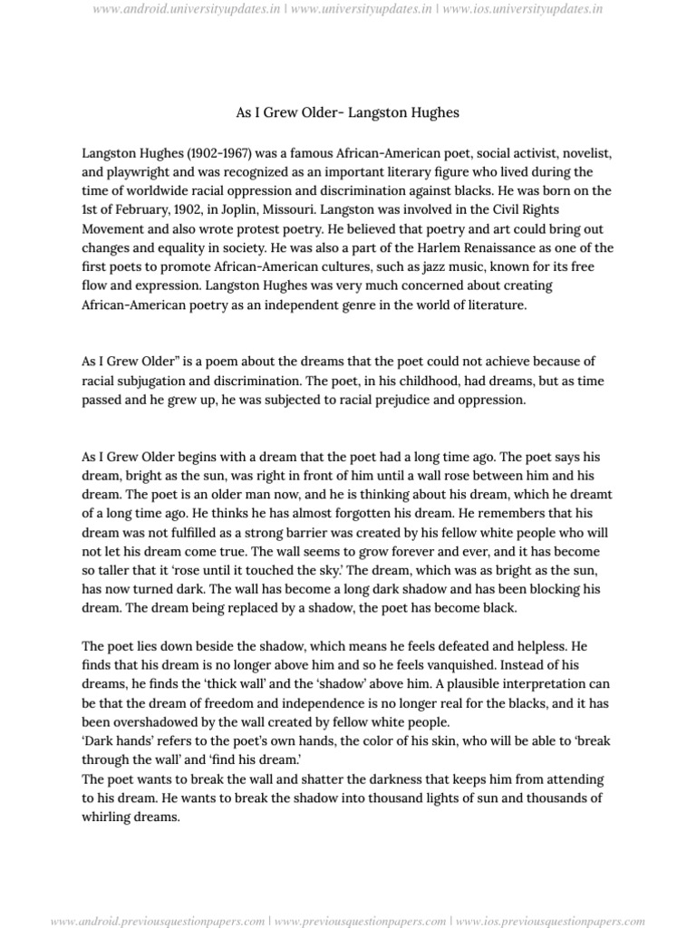 Langston Hughes' "As I Grew Older" Analysis | PDF | Poetry