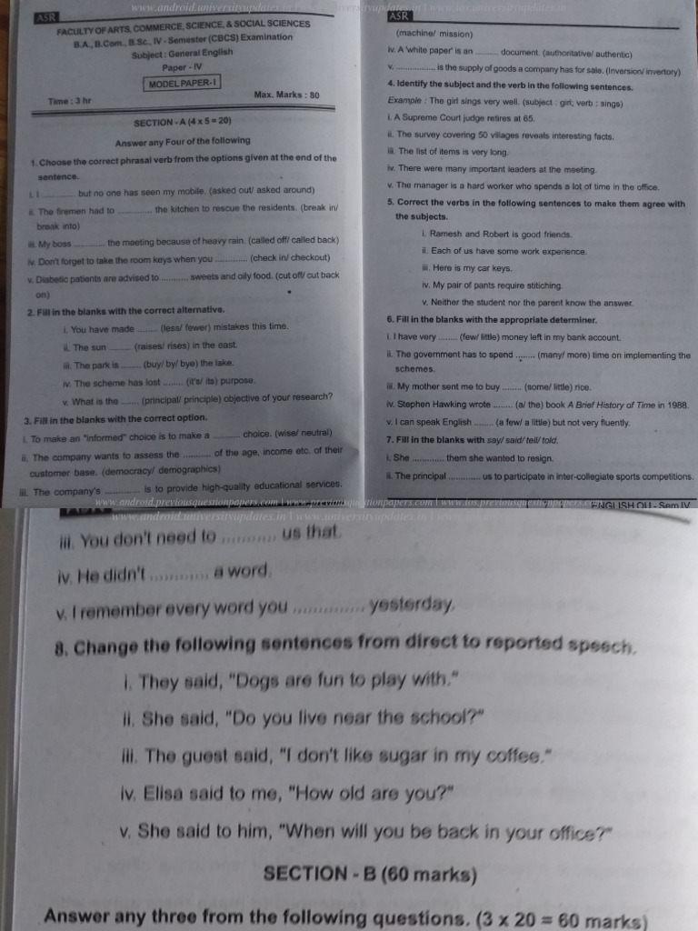 English 4th Sem Model Question Papers | PDF