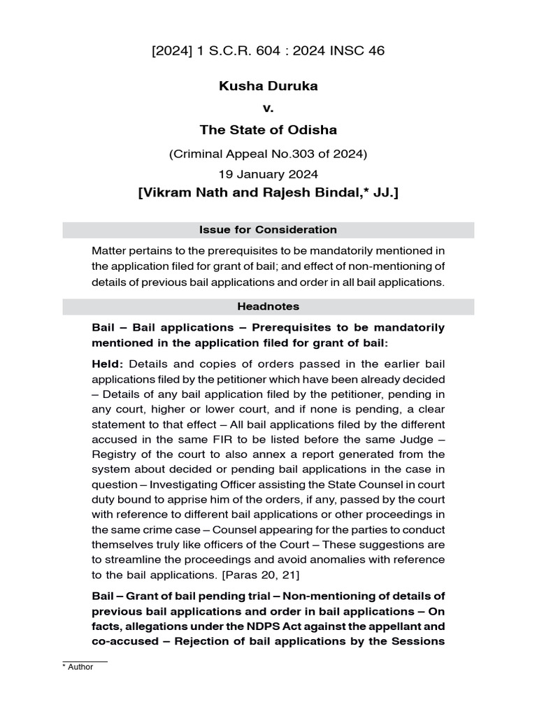 Kusha Duruka v. The State of Odisha, (2024) 1 S.C.R. 604 | PDF | Bail | Appeal