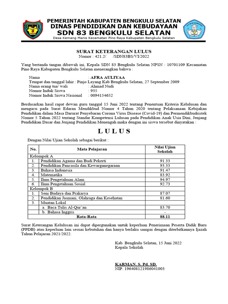 CONTOH FORMAT SKL SD 2022 (1) | PDF