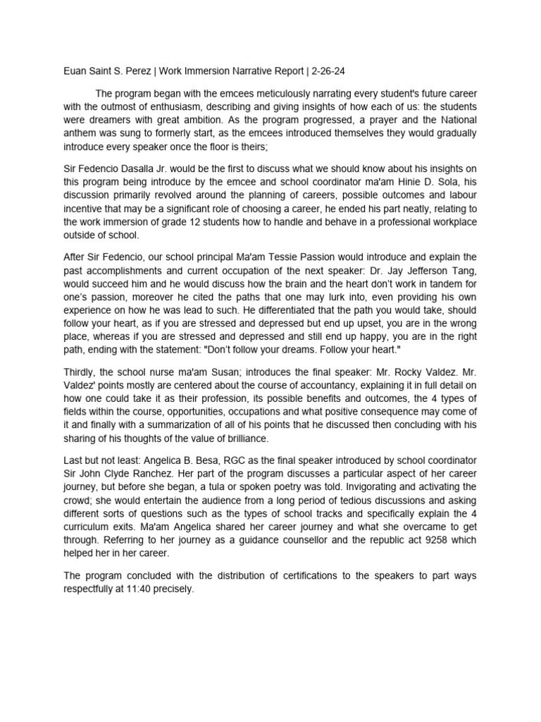 Work Immersion Narrative Report | PDF | Self-Improvement