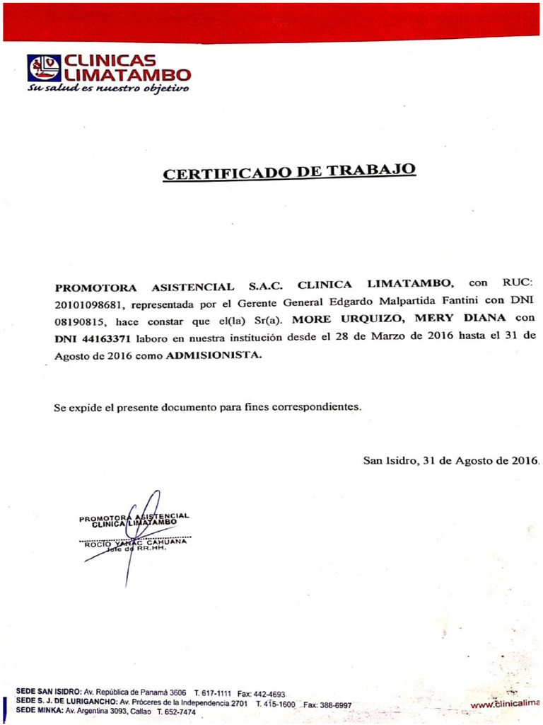 CERTIFICADO- CLINICA LIMATAMBO | PDF