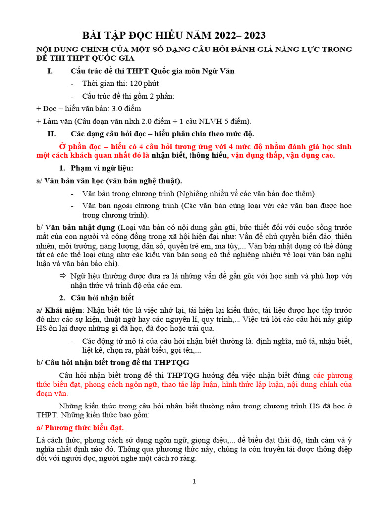 LÝ THUYẾT CẦN NẮM ĐỂ LÀM ĐỌC HIỂU VB VÀ ĐOẠN VĂN NLXH 200 CHỮ | PDF