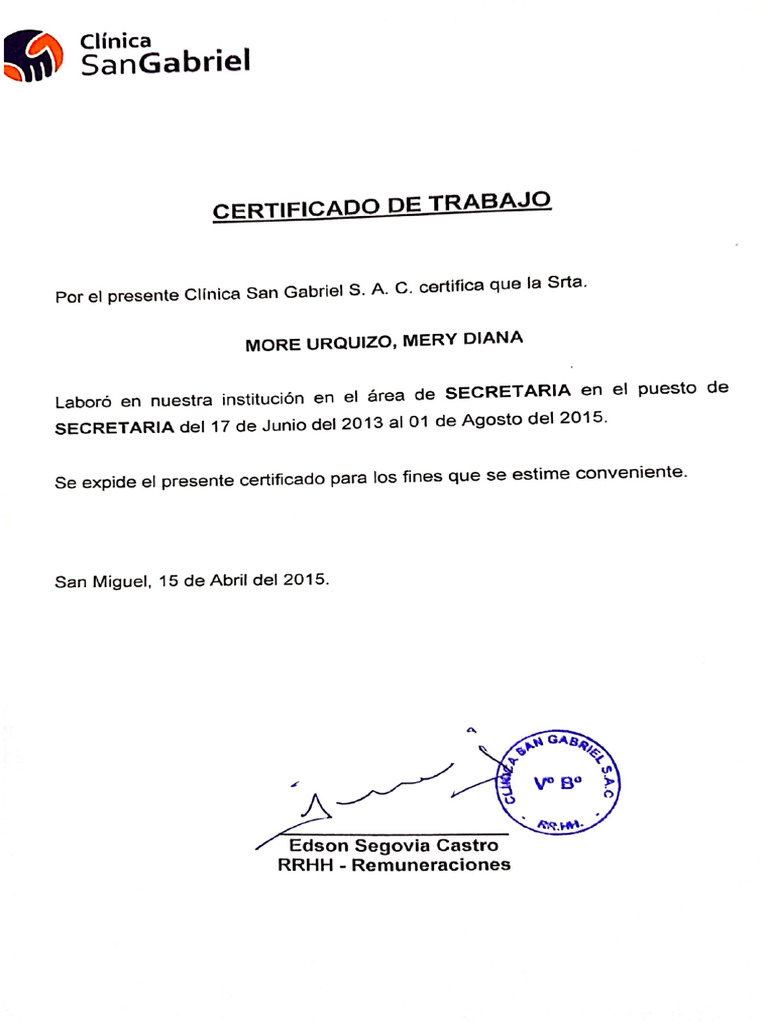 Certificado - Clinica San Gabriel | PDF Certificado - Clinica San Gabriel | PDF