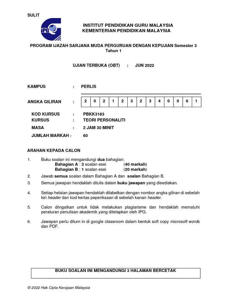 Bnk10621 Muhammad Hariz Izzat Bin Muhamma ... - Soalan Pbkk3183 Pep Jun 2022 (Obt) | PDF