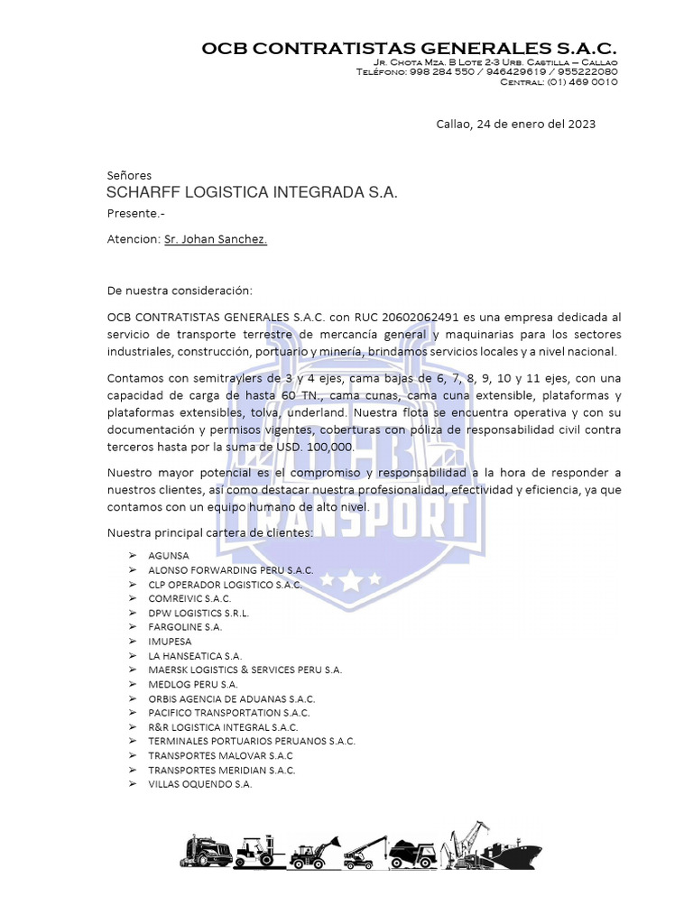 Carta de Presentacion Ocb Contratistas Generales S | PDF | Transporte | Economias