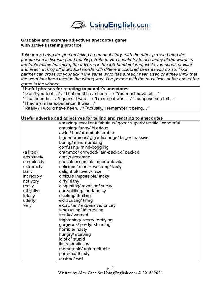 Gradable vs Extreme Adjectives Game | PDF | Adjective | Adverb