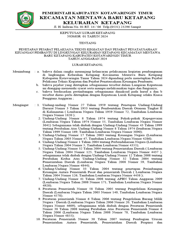 SK PPTK 2024 Kelurahan Ketapang | PDF