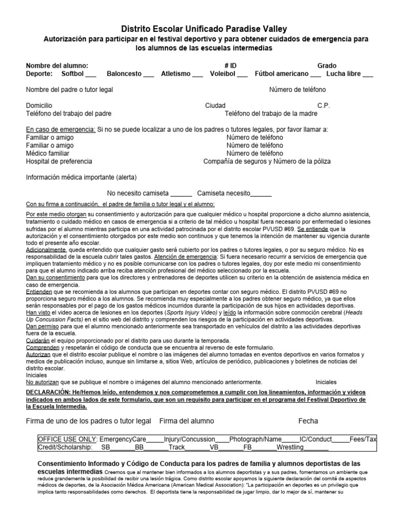 Spanish Middle School Sport Festival Permission Slip | PDF | Escuelas ...