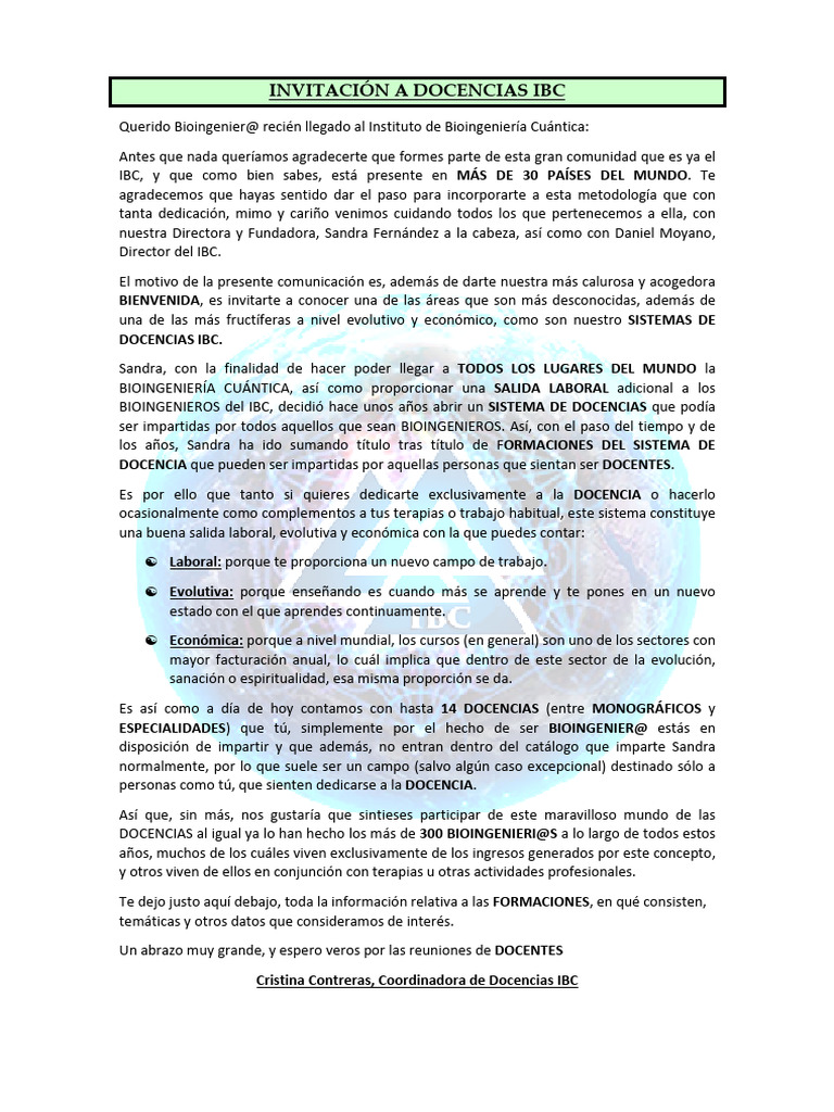 Invitación a Docencias IBC Bioingeniería | PDF | Enseñando | Mente