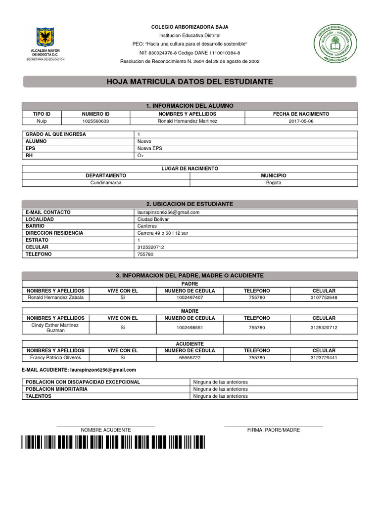 Hoja Matricula Datos Del Estudiante | PDF