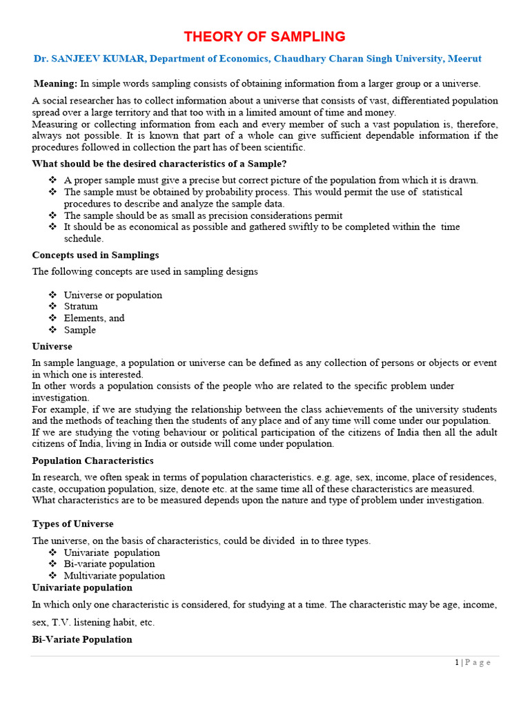 E Content - Theory of Sampling - SK | PDF | Sampling (Statistics ...