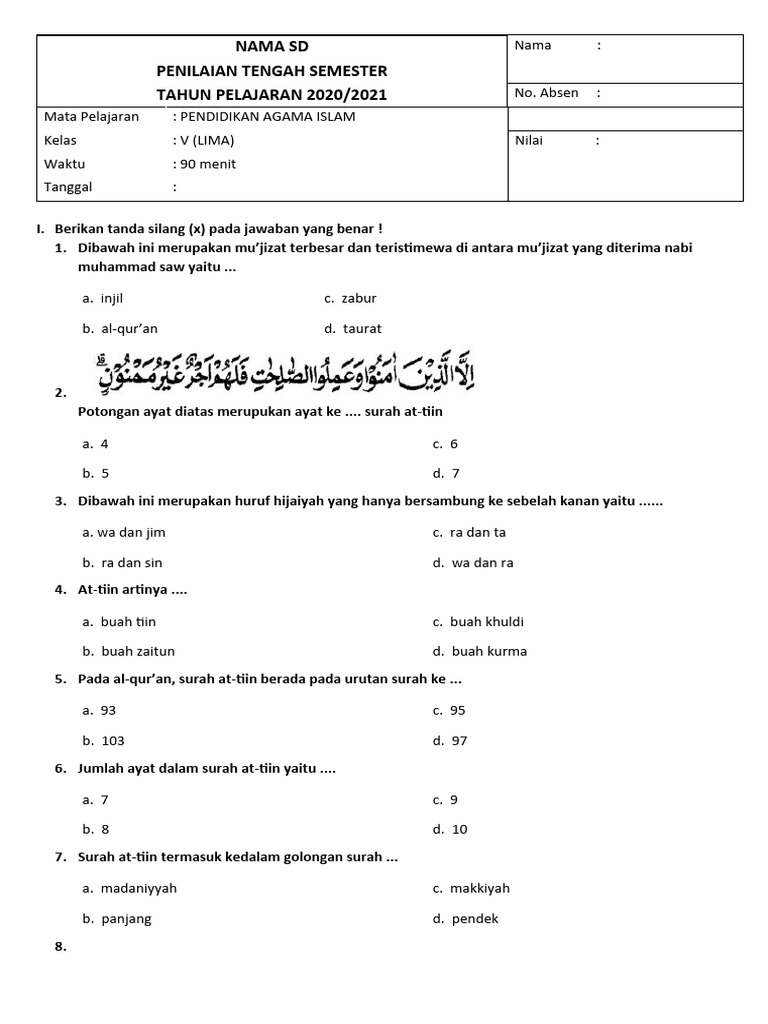 SOAL PTS Ganjil PAI KELAS 5 | PDF