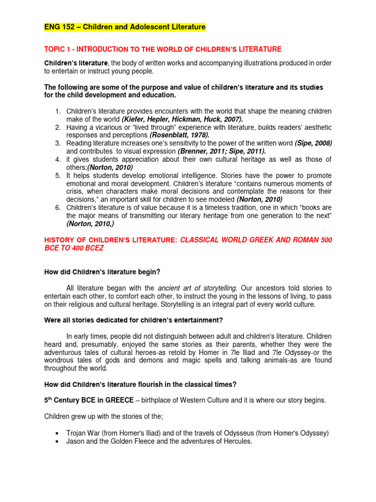 ENG 152 - Children and Adolescent Literature HANDOUTS | Download Free ...
