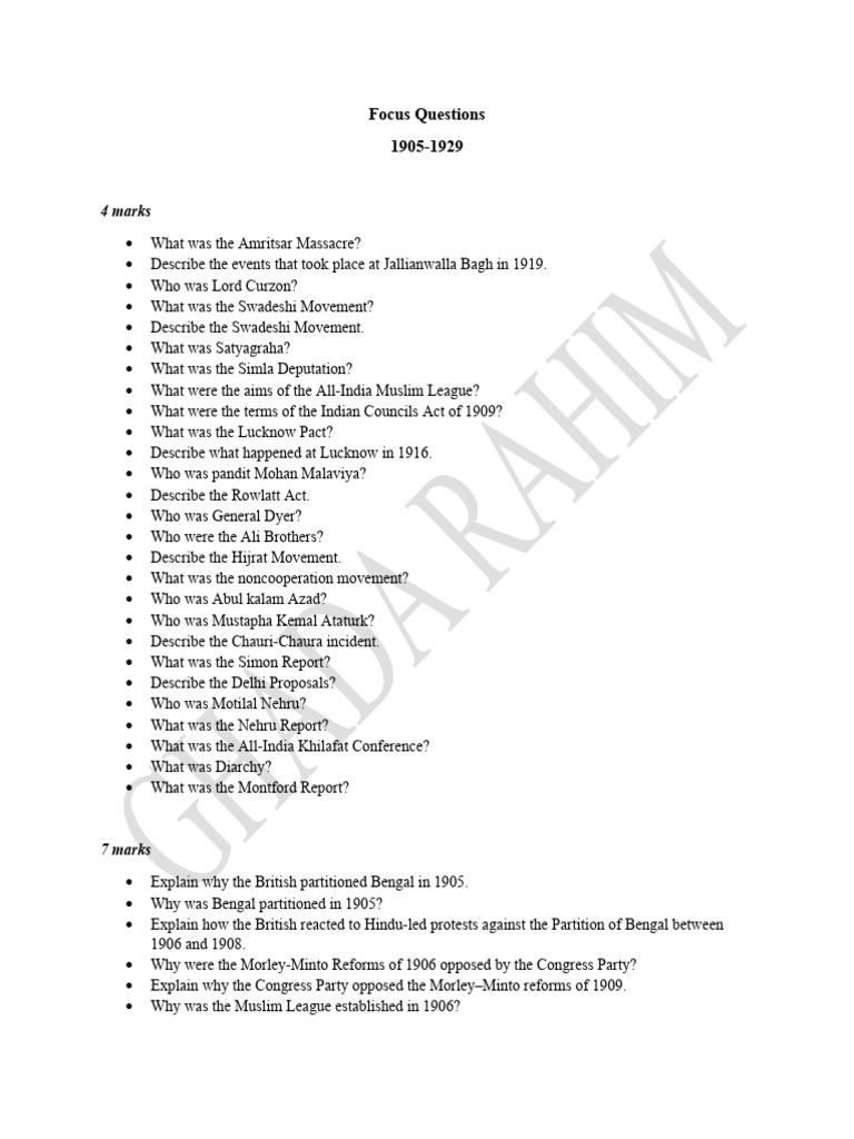 Focus Questions 1905-1929 | PDF | Partition Of India | All India Muslim League