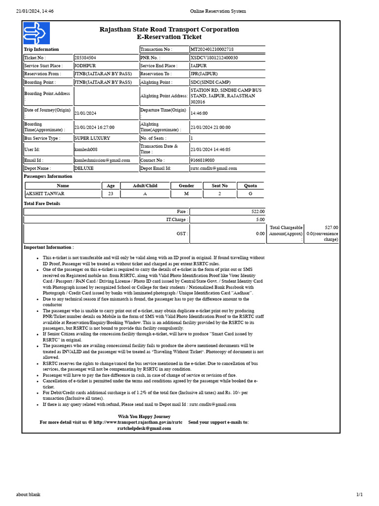 RSRTC E-Ticket Confirmation Details | PDF | Identity Document | Access Control