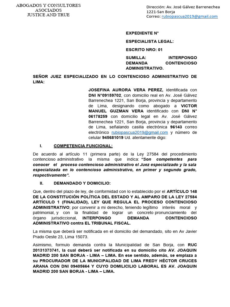 Demanda Contenciosa Administrativa Contra Tribunal Fiscal Sin Anexos