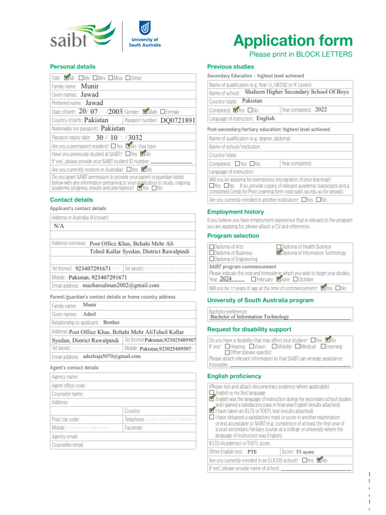 SAIBT APPLICATION FORM | PDF | Cost Of Living | Travel Visa