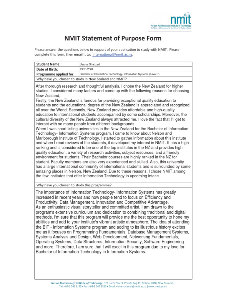 NMIT Statement of Purpose Form New | PDF | Information | Information Technology