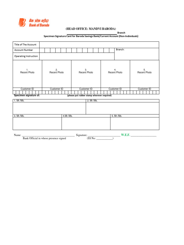 Specimen Signature Card for BOB Accounts | PDF