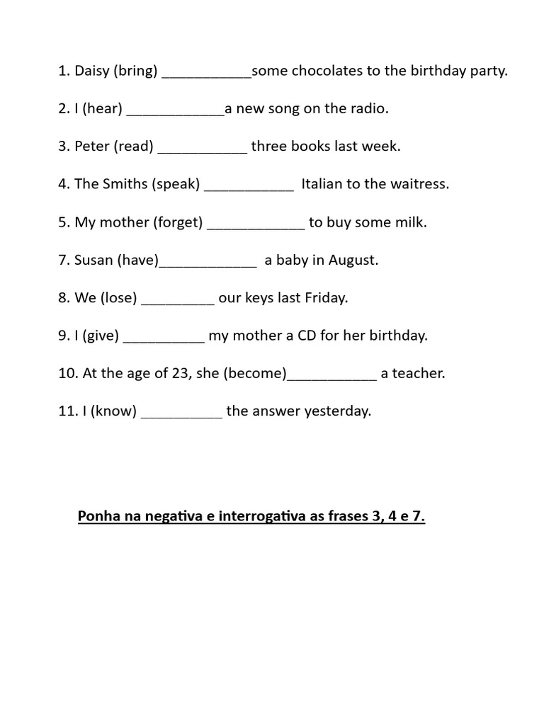 Mais Exercícios Past Simple Irregular Pdf