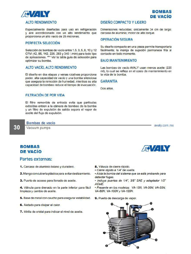 Ficha Técnica Bombas de Vacío AVALY | PDF
