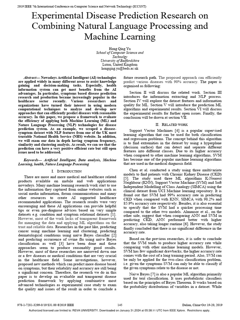 Experimental Disease Prediction Research On Combining Natural Language Processing and Machine ...