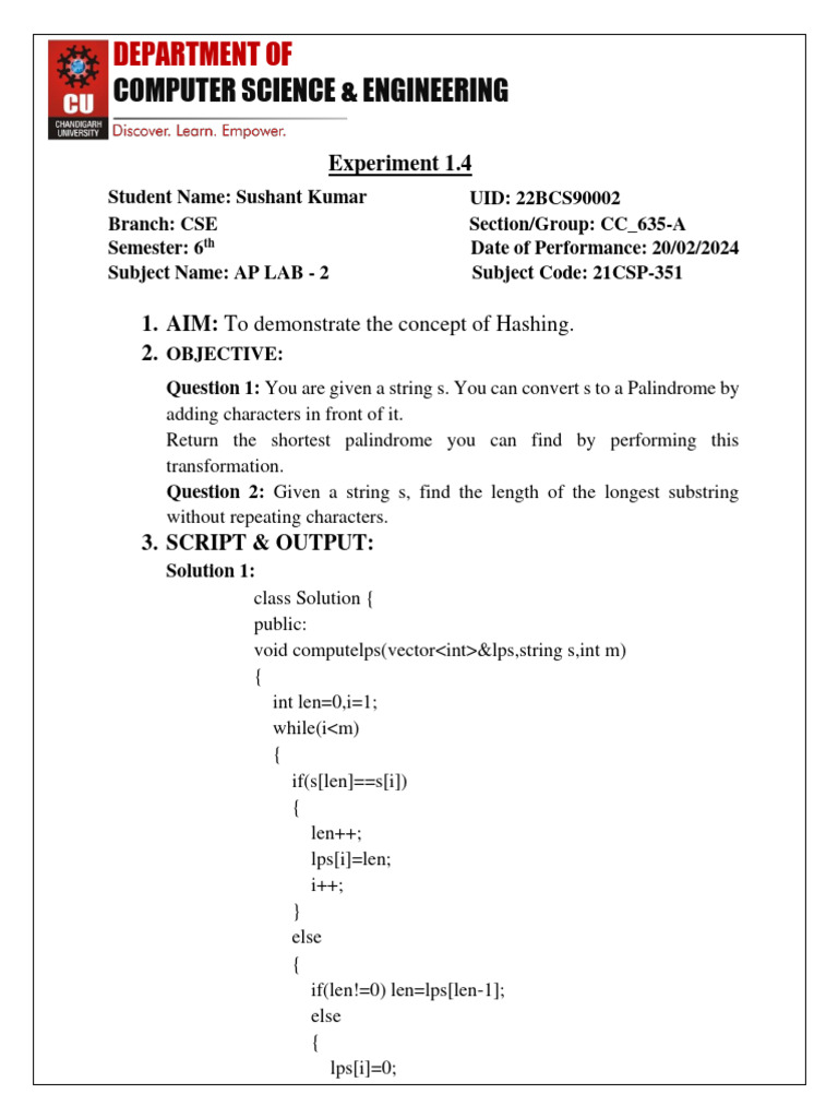 Ap 2 Exp 1.4 | PDF | String (Computer Science) | Algorithms