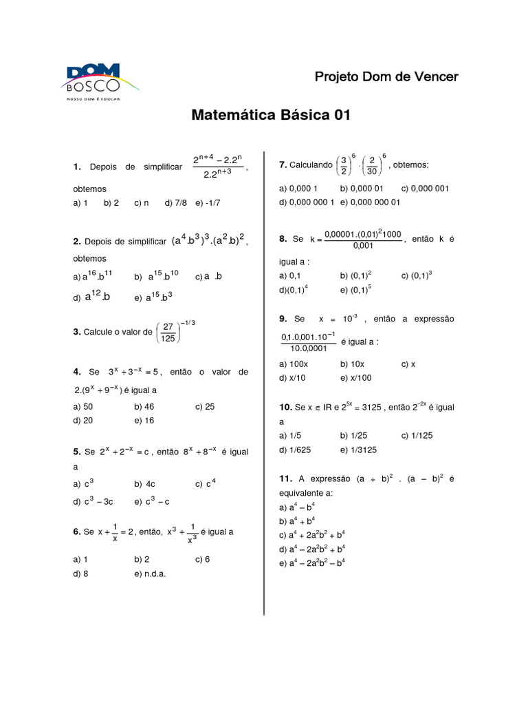 Matematica Basica Exercicios2 | PDF | Matemática