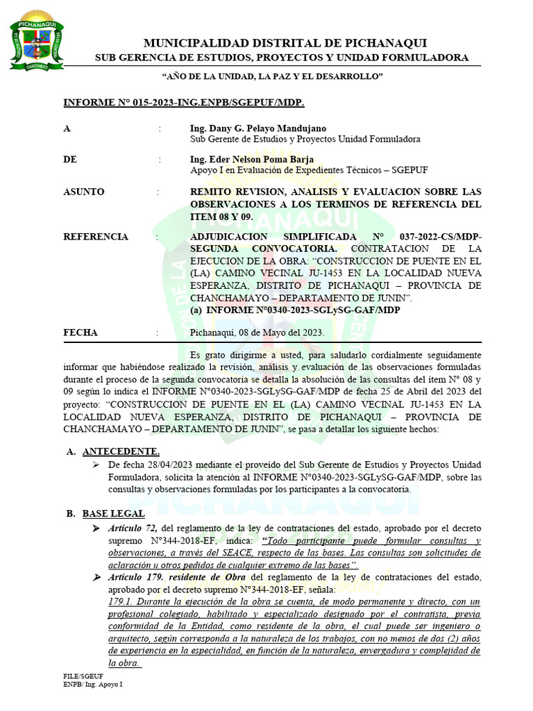 Informe-N 015-2023-Revision y Evaluacion de Observaciones Puente Esperanzas | PDF | Presupuesto