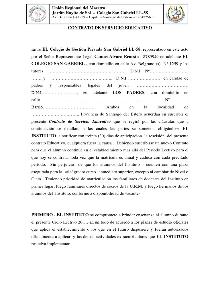Contrato De Servicio Educativo Modelo San Gabriel Pdf Crecimiento