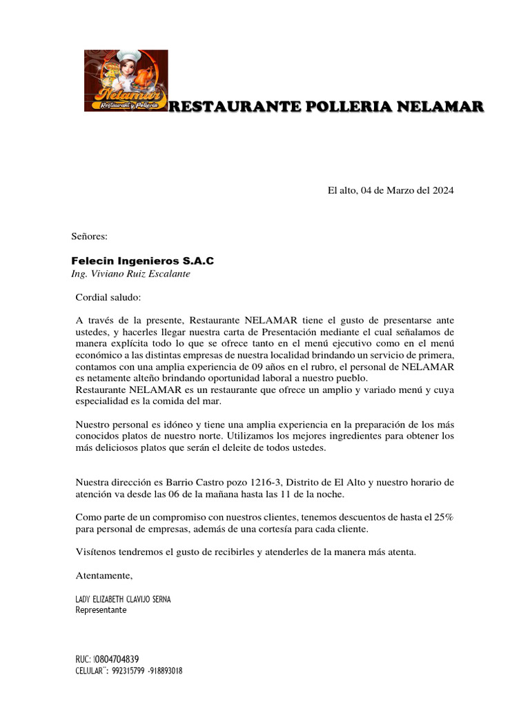 Carta de Presentacion Nelamar Felecin | PDF | Comida y bebida | Alimentos