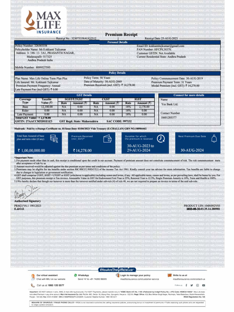 Max Term Insurance - Tejkumar | PDF | Insurance | Value Added Tax