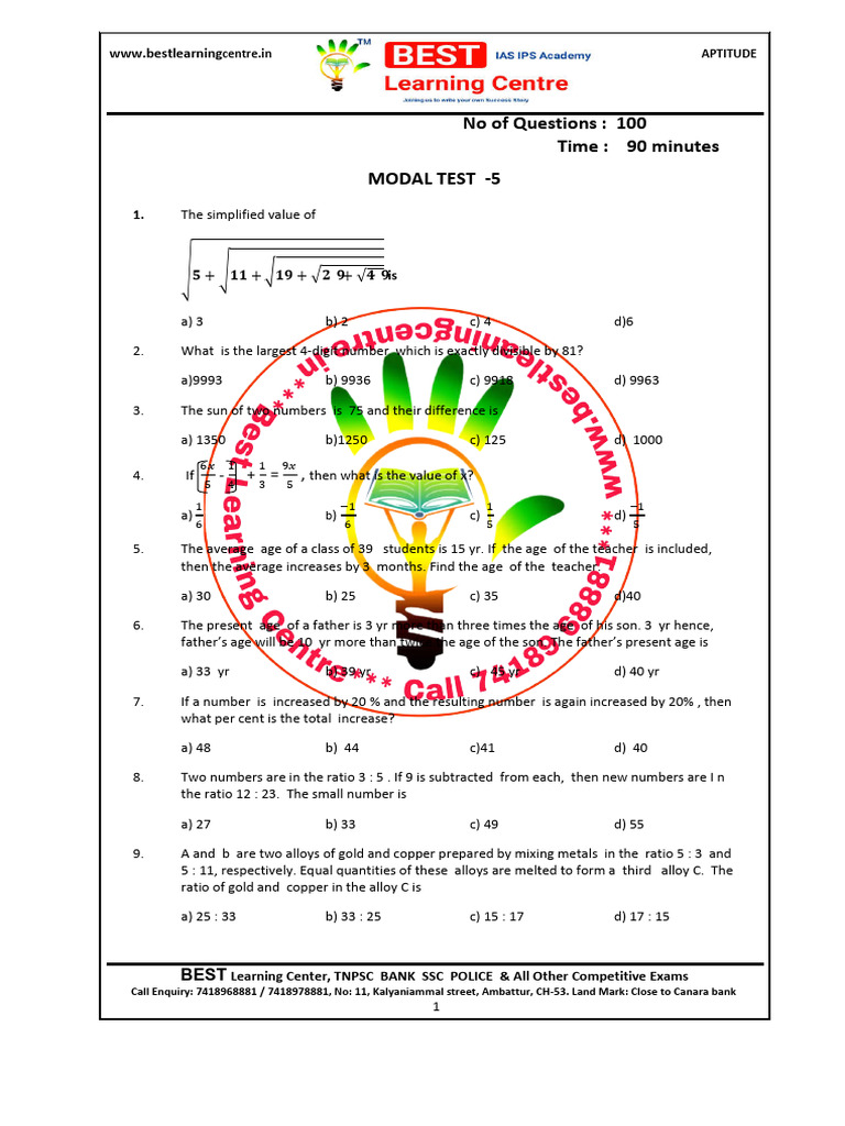 Bestlearningcentre RRB Model Questionpaper 5 | Download Free PDF ...