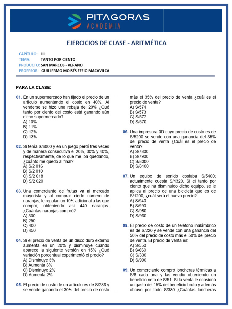 Aritmetica Ejer 4 | PDF | Porcentaje | Mercado (economía)