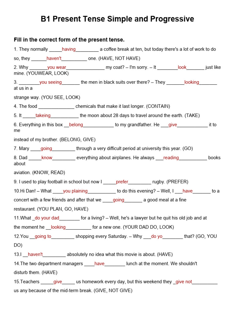 B1 Present Simple vs Continuous Worksheet | PDF | Language Arts ...
