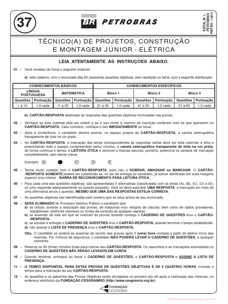 Prova 37 Tecnico A de Projetos Construcao e Montagem Junior Eletrica | PDF | Motor elétrico ...