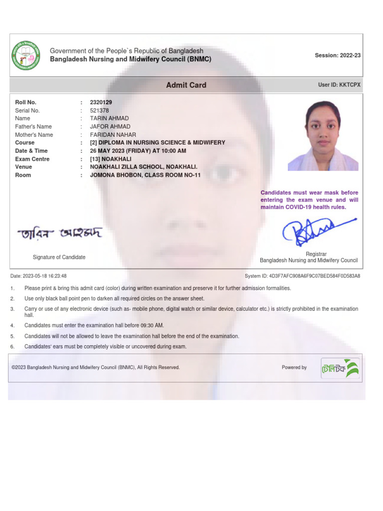 BNMC AdmitCard KKTCPX | PDF