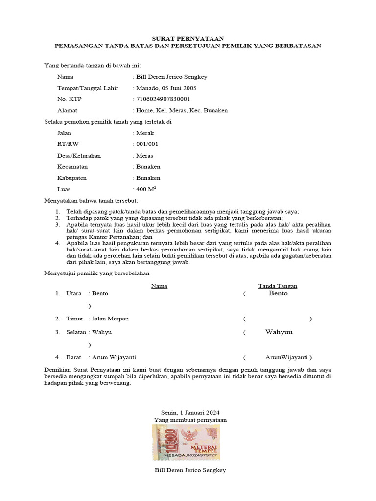 Surat Pernyataan Batas Tanah | PDF