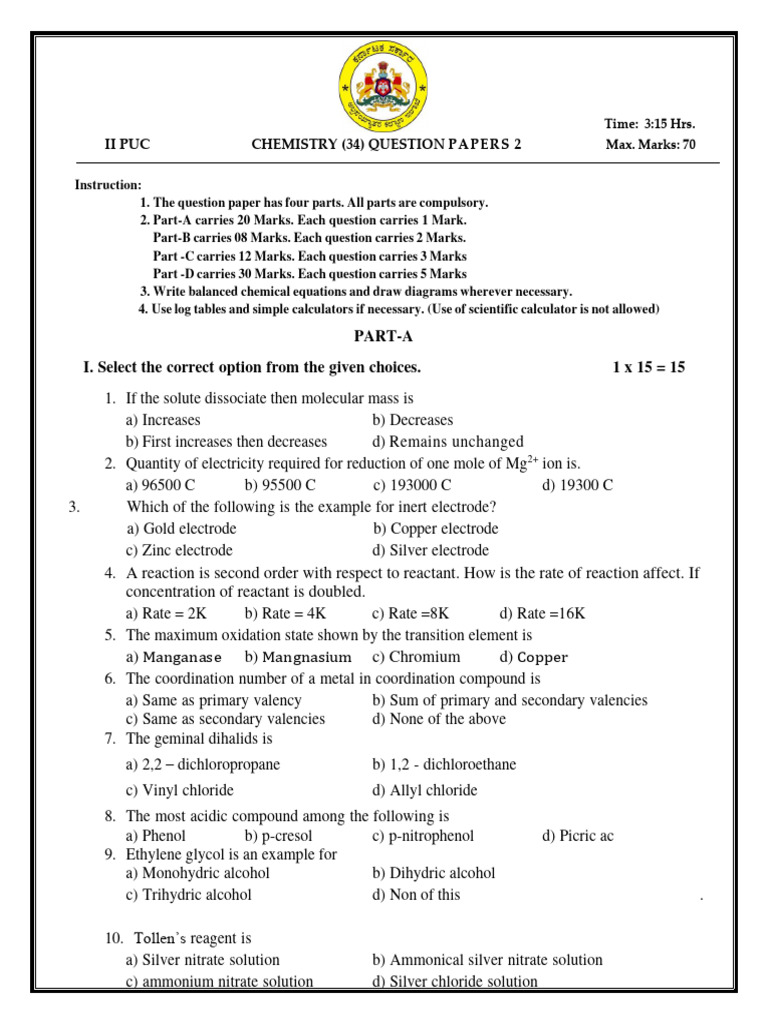 Chemistry 2nd PU Preparatory Exam | PDF | Coordination Complex | Chemistry