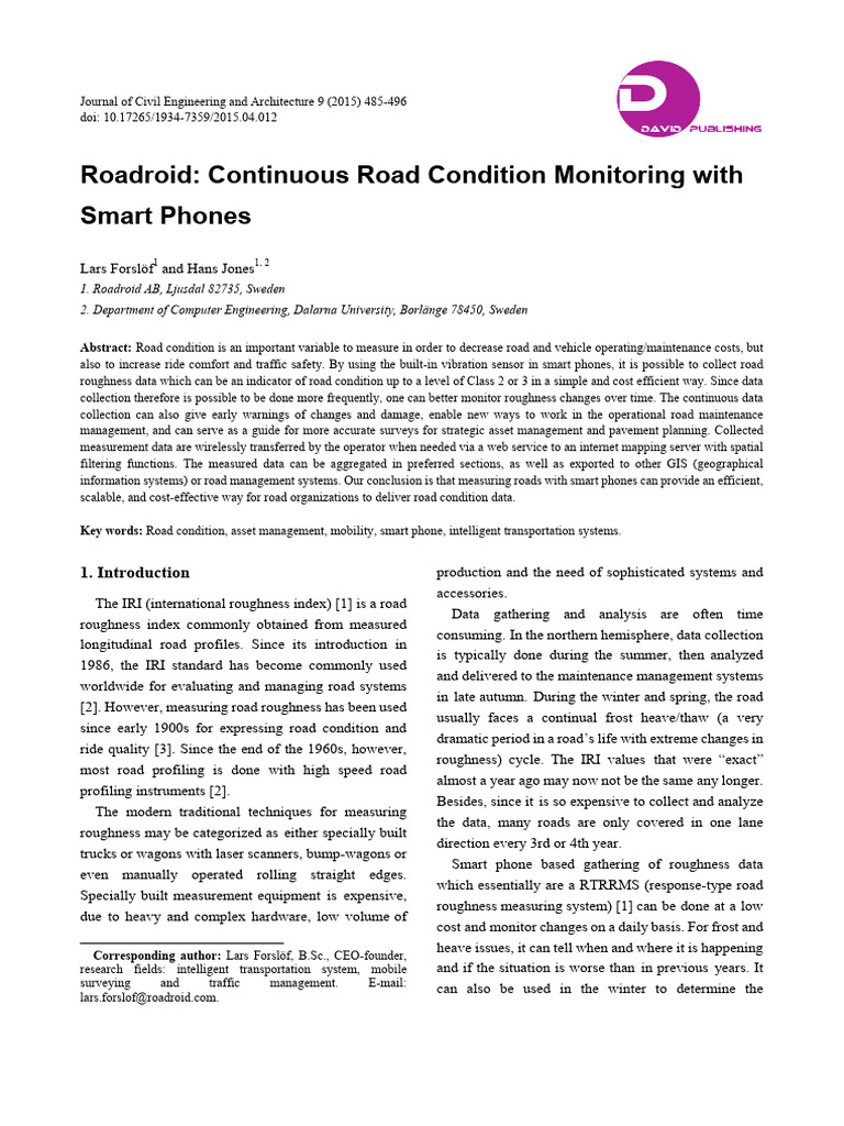 Roadroid: Continuous Road Condition Monitoring With Smart Phones ...