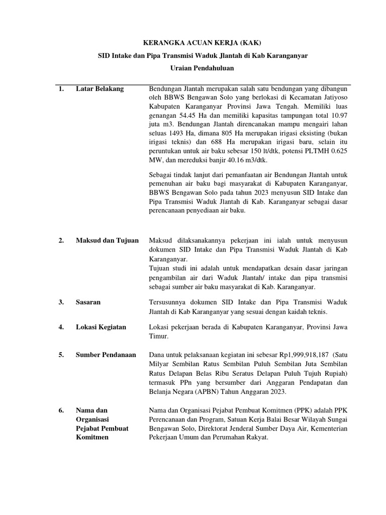 KAK SID Dan DD Intake Air Baku Bendungan Jlantah Halfday Rev | PDF