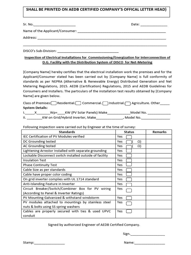 Inspection Certificate From Instaler | PDF | Electrical Wiring | Solar ...