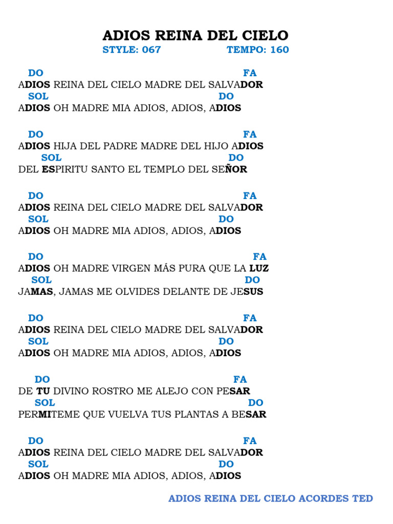 Adios Reina Del Cielo Acordes Ted | PDF