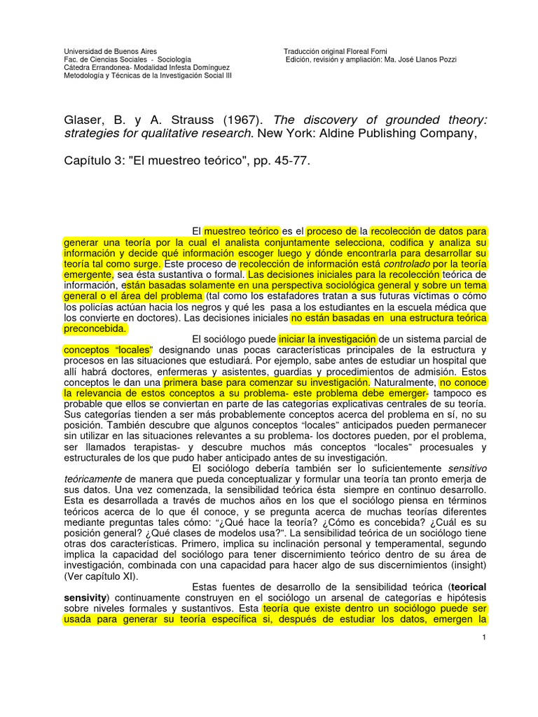Glaser y Strauss. El Muestreo Teórico. Cap 3 | PDF | Teoría | Sociología