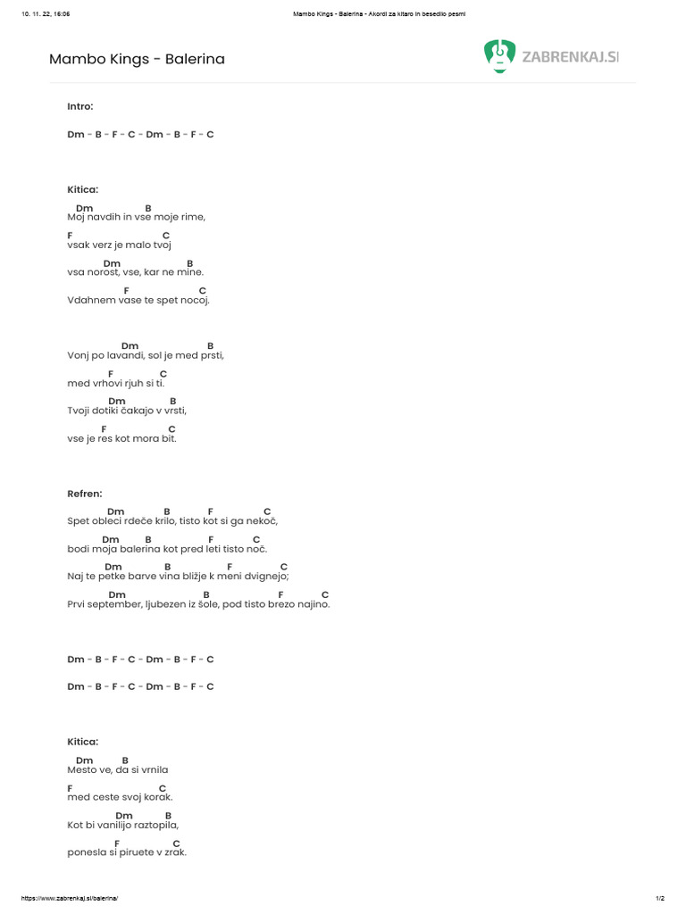 Mambo Kings - Balerina - Akordi Za Kitaro in Besedilo Pesmi | PDF