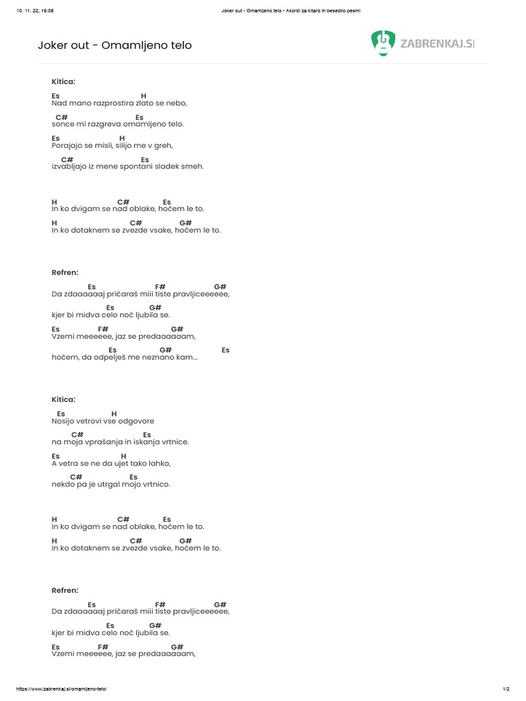 Joker Out - Omamljeno Telo - Akordi Za Kitaro in Besedilo Pesmi | PDF