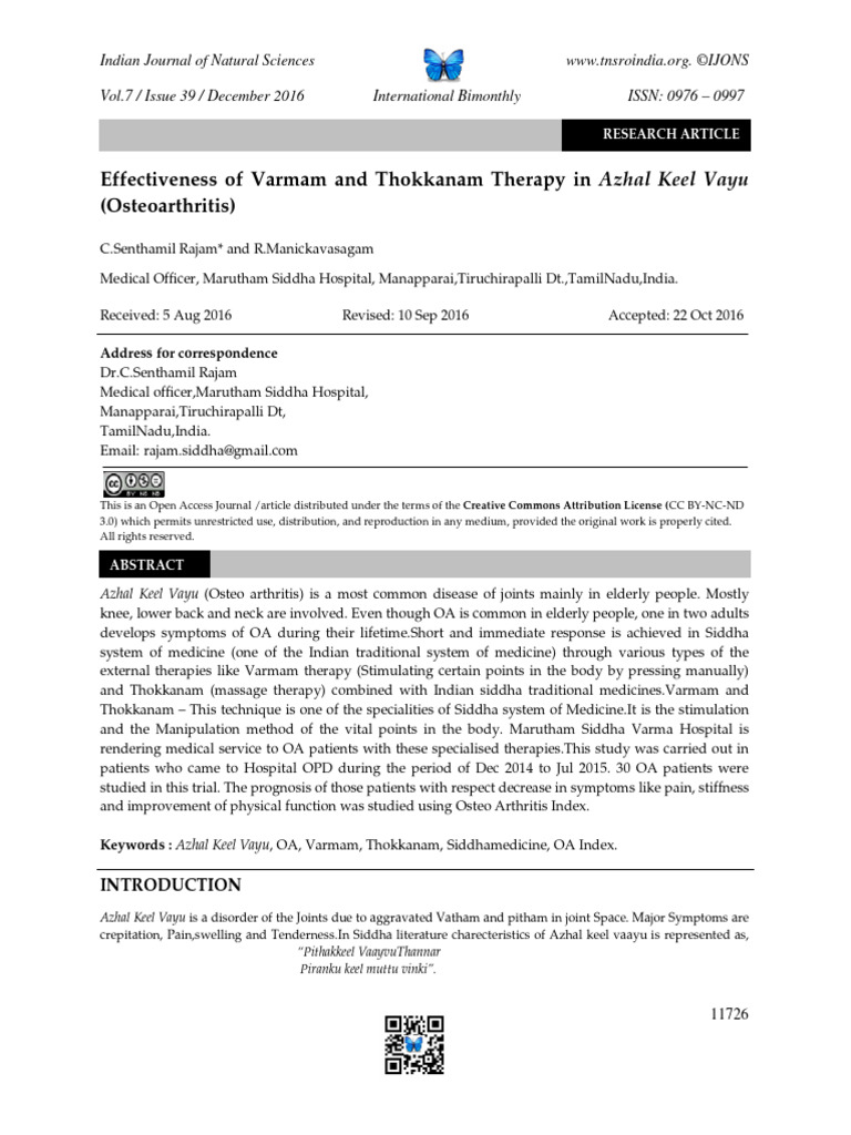Varmam and Thokkanam in Osteoarthritis | PDF | Osteoarthritis | Joint