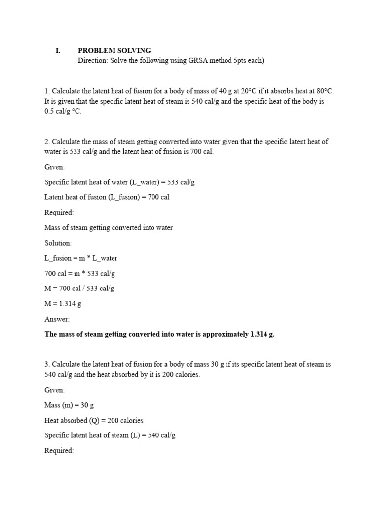 I. Problem Solving | PDF | Calorie | Latent Heat
